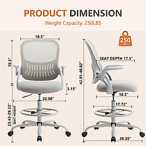 Drafting Chair, Tall Office Chair Tall Standing Desk Chair Counter Height Adjustable Office Chair for Standing Desk, Mid-back Mesh Drafting Chair with Flip-up Arms, Foot-ring, Wheels, Grey