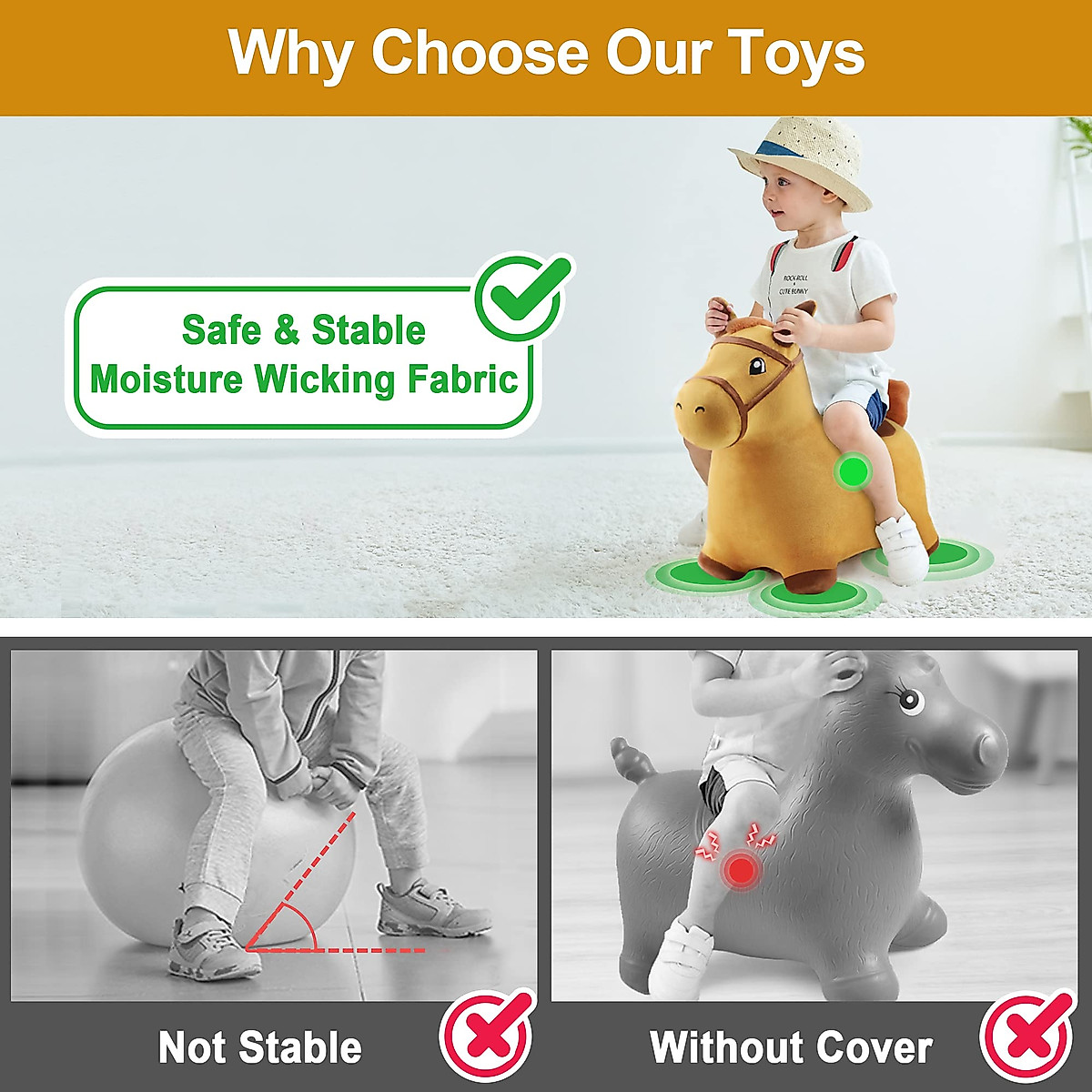 iPlay, iLearn Bouncy Pals Hopping Horse, Toddler Girl Boy Inflatable Bouncing Animal Hopper Toy, Outdoor Indoor Plush Ride on Bouncer, Baby Birthday Gift 18 Month 2 3 4 Year Old Kid - Horse