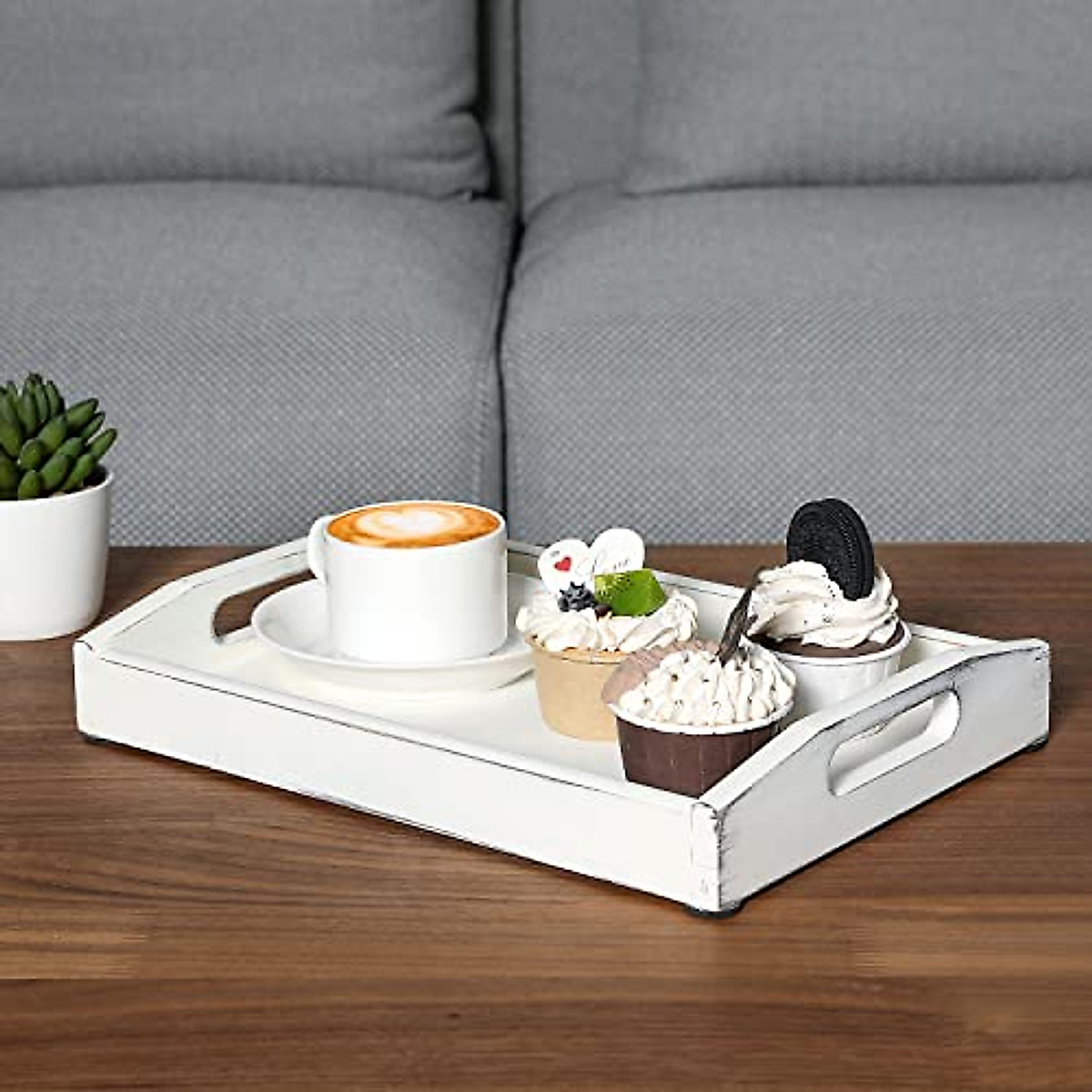 MyGift Vintage Rustic Whitewashed Wood Nesting Serving Trays/Decorative Ottoman Trays with Oval Cutout Handles, Set of 3