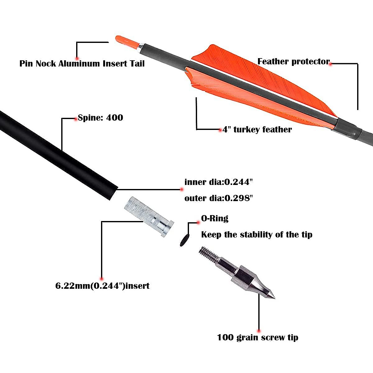 AMEYXGS 6/12 Pcs 34 Inch Archery Carbon Arrows 400 Spine Hunting Compound Arrows with 4” Turkey Feather Target Practice Arrow for Compound and Recurve Bow (Orange set, 12 pcs)