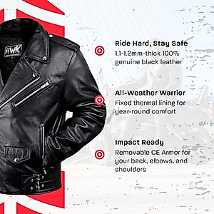 HWK Leather Motorcycle Jacket with Armor for Men, Cafe Racer Genuine Leather Jacket for Weather Resistant Enduro Motocross, Motorbike Riding, Easy Adjust Men's Motorcycle Jacket, X-Large