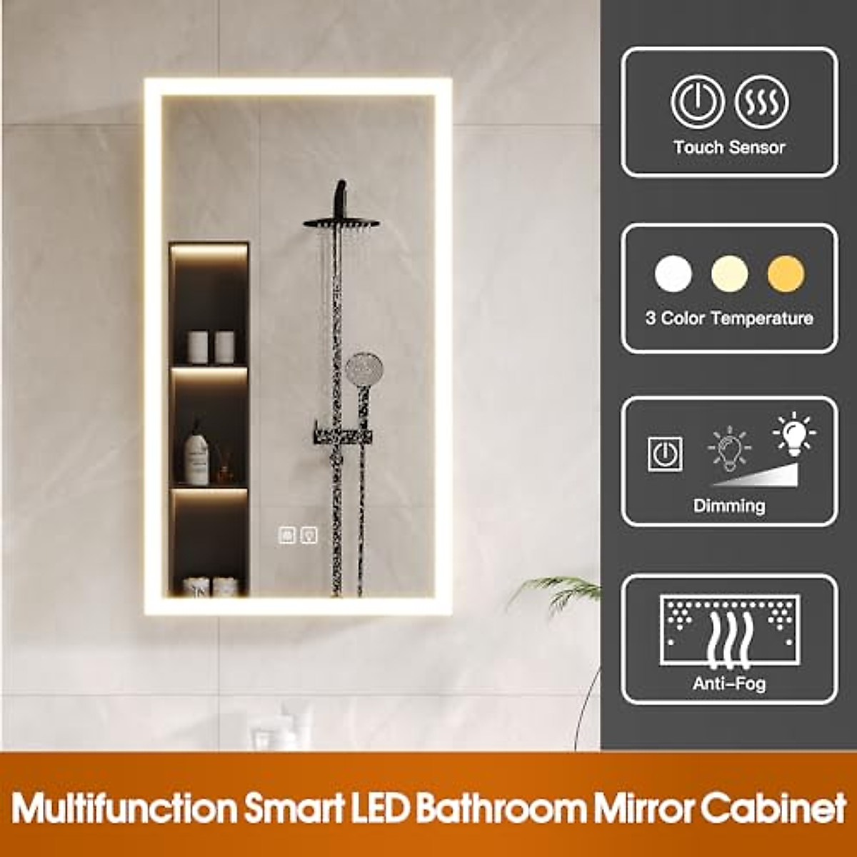 Seenvlog Bathroom Medicine Cabinet with Lights, 15.7" x 27.5" LED Mirror Cabinet, 3-Color Temp, Black Bathroom Storage Cabinet Anti-Fog, Wall Mount