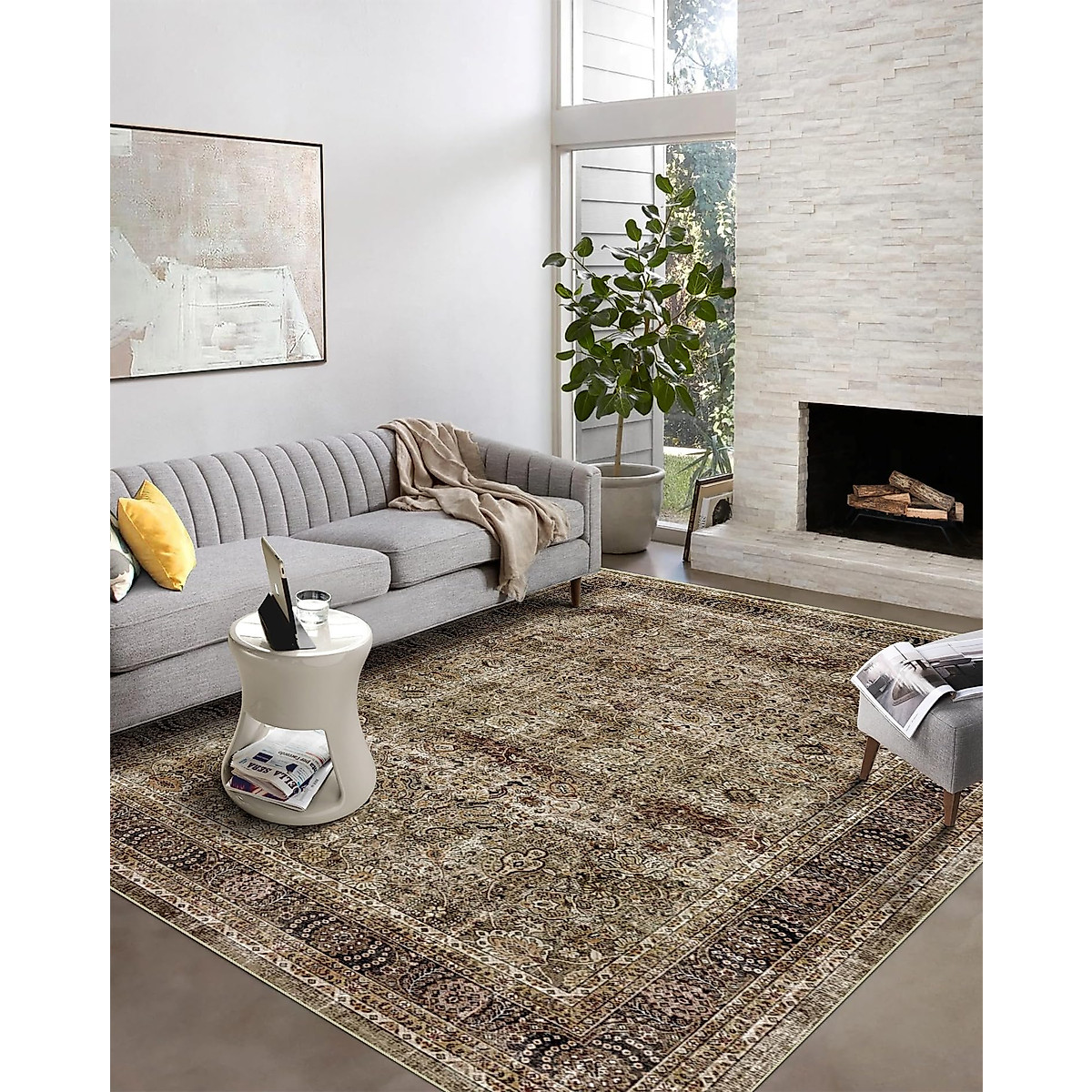 Poeti Washable Rug, Vintage 4x6 Rug with Anti-Slip Backing, Ultra Soft Area Rug, Stain Resistant Rugs for Living Room, Traditional Rug (Olive/Charcoal, 4'x6')