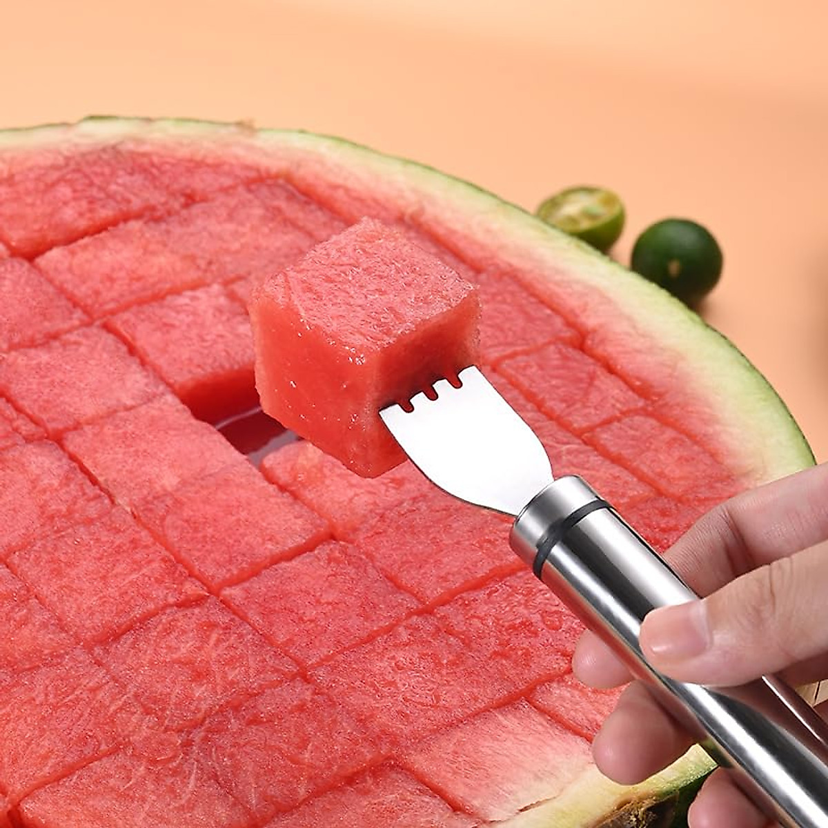 2-in-1 Stainless Steel Fruit Cutter, 2024 Upgrade Watermelon Slicer Cutter Summer Watermelon Fruit Cutting Fork, Stainless Steel 2-in-1 Watermelon Fork Slicer for Home Kitchen Gadget (1 Pcs)