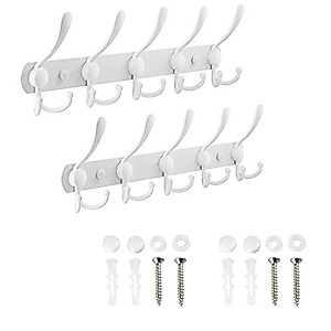 Coat Rack Wall Mounted, Coat Hanger Wall 5 Tri Hooks Heavy Duty Stainless Steel Coat Hook Rail for Coats Towels Purse Robes Keys and Hats(White)
