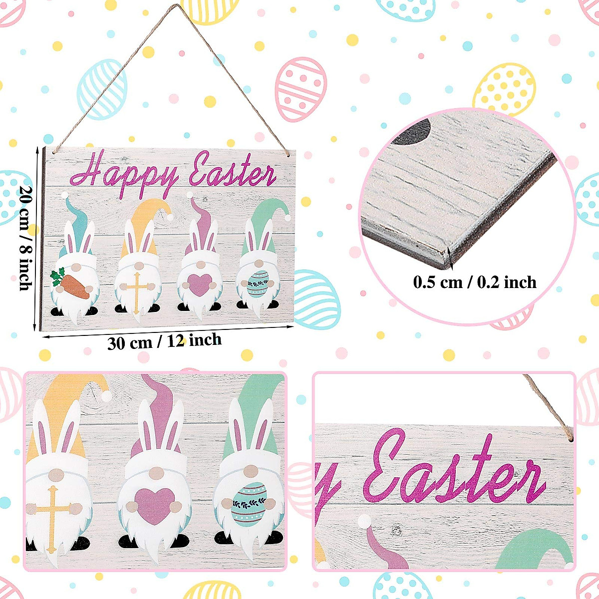 2 Pieces Happy Easter Wooden Sign Easter Hanging Wood Decor Easter Welcome Door Sign Gnome Bunny Eggs Wood Easter Decorations for Home Garden Spring Party, 12 x 7.8 Inch