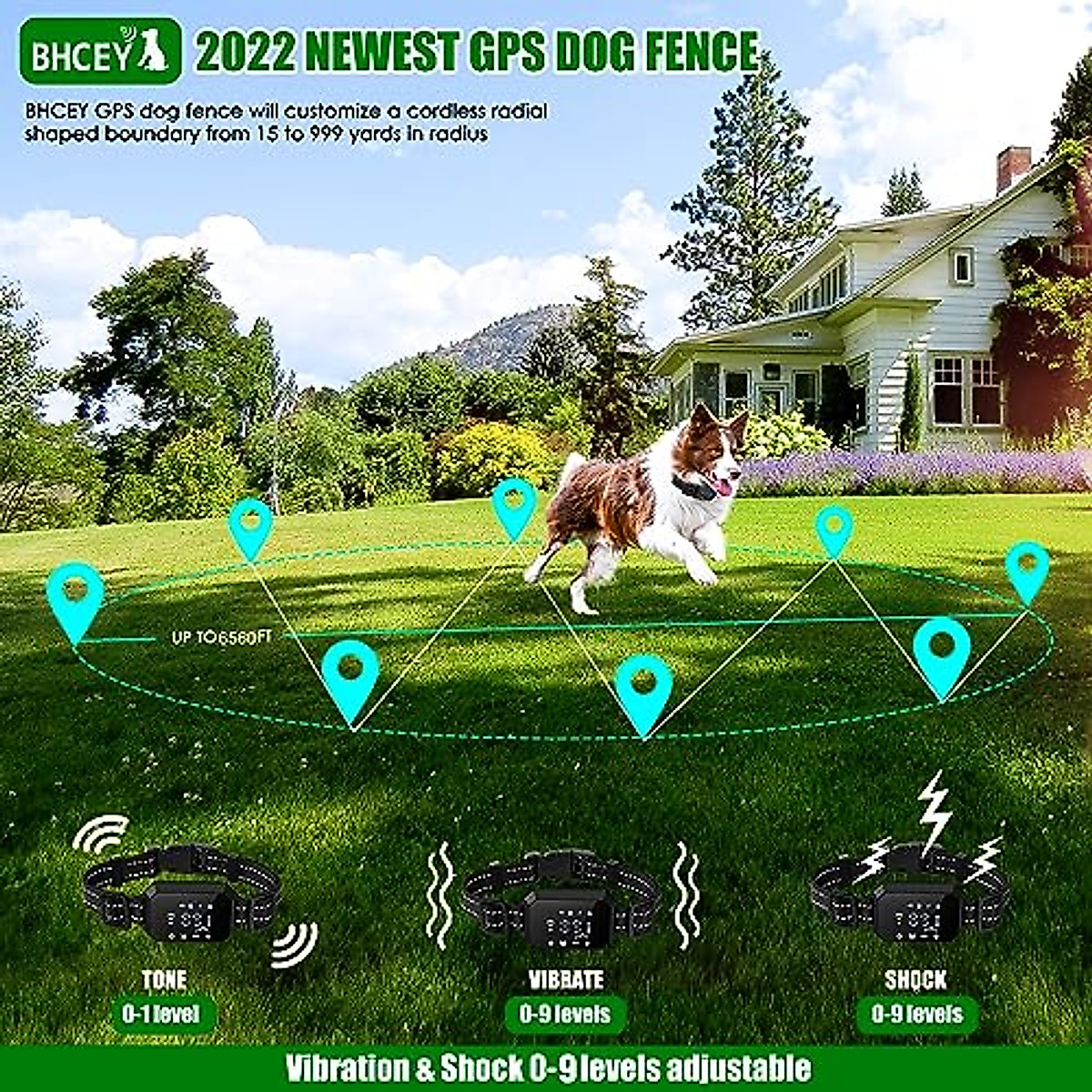 GPS Wireless Dog Fence, 2023 Electric Fence System for Dogs, Portable GPS Wireless Pet Containment System. Large Signal Boundary Range Up to 6560Ft. Adjustable Collar for All Large and Medium Dogs