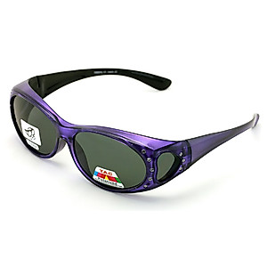 V.W.E. Womens Polarized Fit Over Glasses Sunglasses Rhinestone Rectangular Frame Temple Heart 60mm (Purple)
