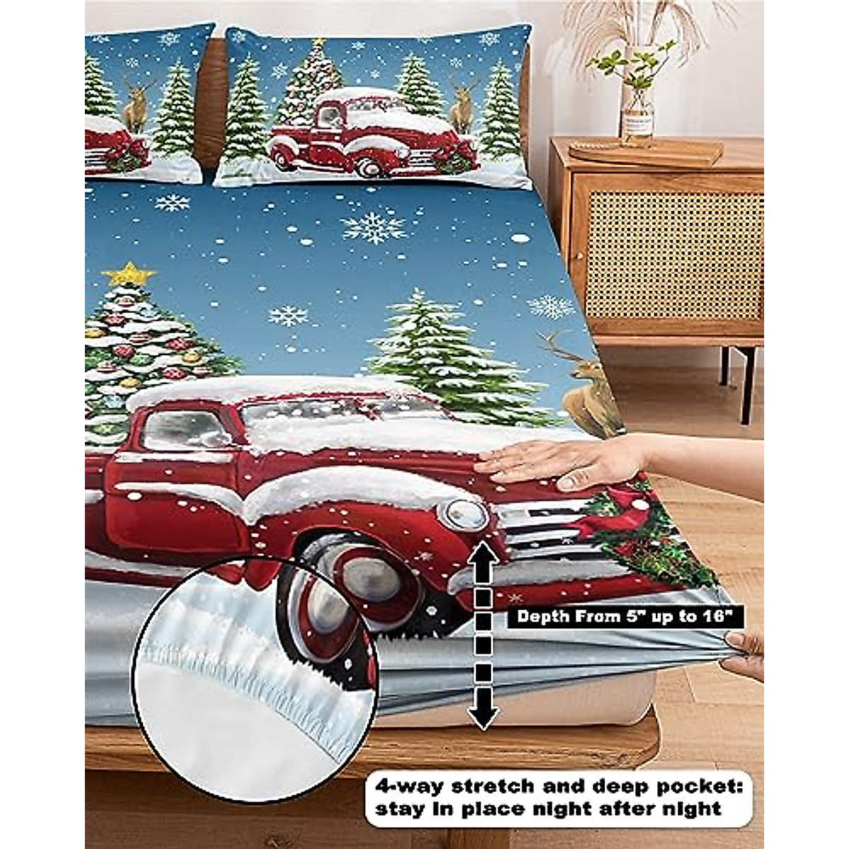 Full Size Fitted Sheet Bed Set Winter Christmas Farm Red Truck Deep Pocket Soft Bottom Sheets&Pillowcases for Bedroom Decor Snowflake Xmas Tree on Blue,Fits Mattress Up to 16" Deep
