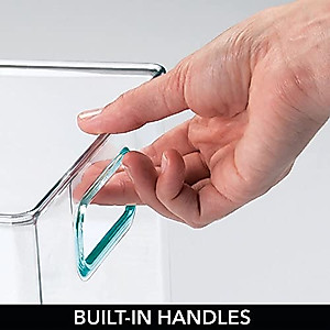 mDesign Plastic Storage Bin with Handles for Organizing Hand Soaps, Body Wash, Shampoos, Lotion, Conditioners, Hand Towels, Hair Accessories, Body Spray, Mouthwash - 8" Square, 2 Pack - Clear/Blue