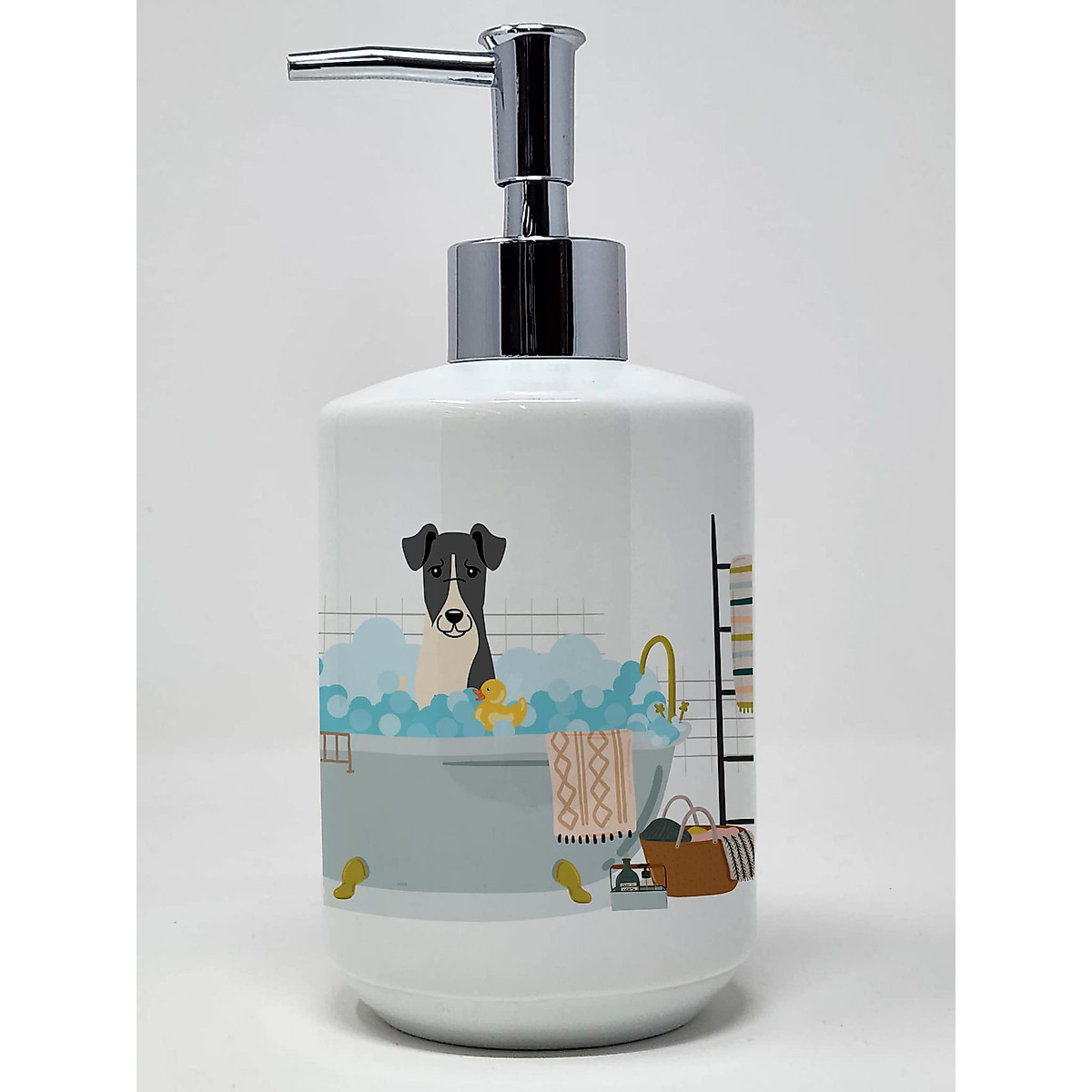 Caroline's Treasures WDK5795SOAP Smooth Fox Terrier in Bathtub Ceramic Soap Dispenser Hand Soap Dispenser Pump Bottles for Bathroom Kitchen, Empty Refillable Liquid Soap Container