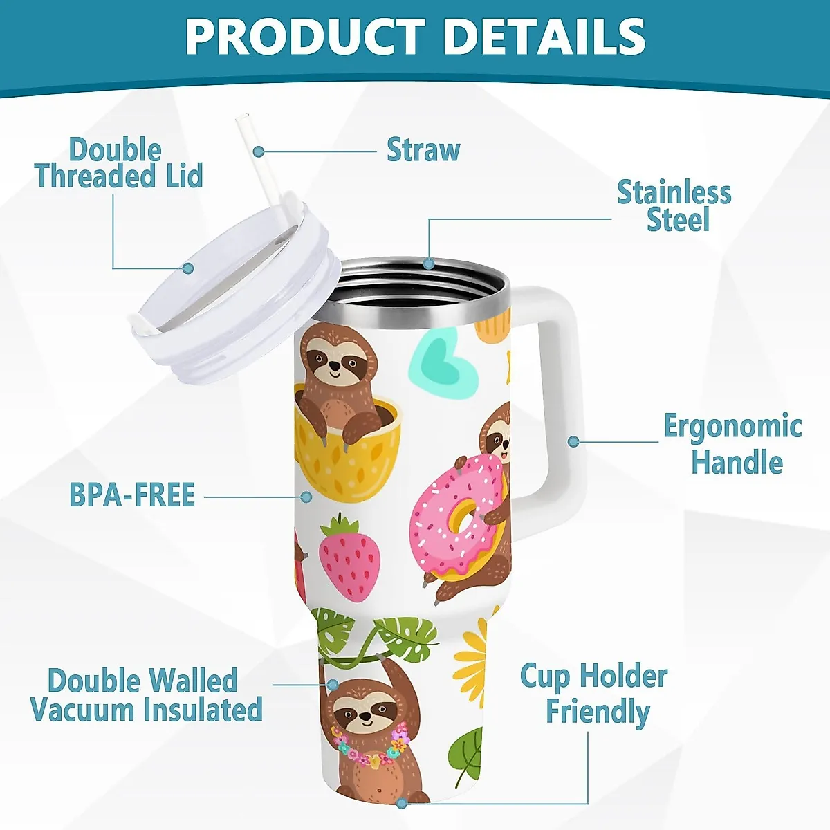 GOODOLD 40 oz Insulated Coffee Tumbler for Travel - Stainless Steel Mug with Handle and Straw Lid for Men and Women, Cute Sloth Leak Proof Travel Coffee Mug