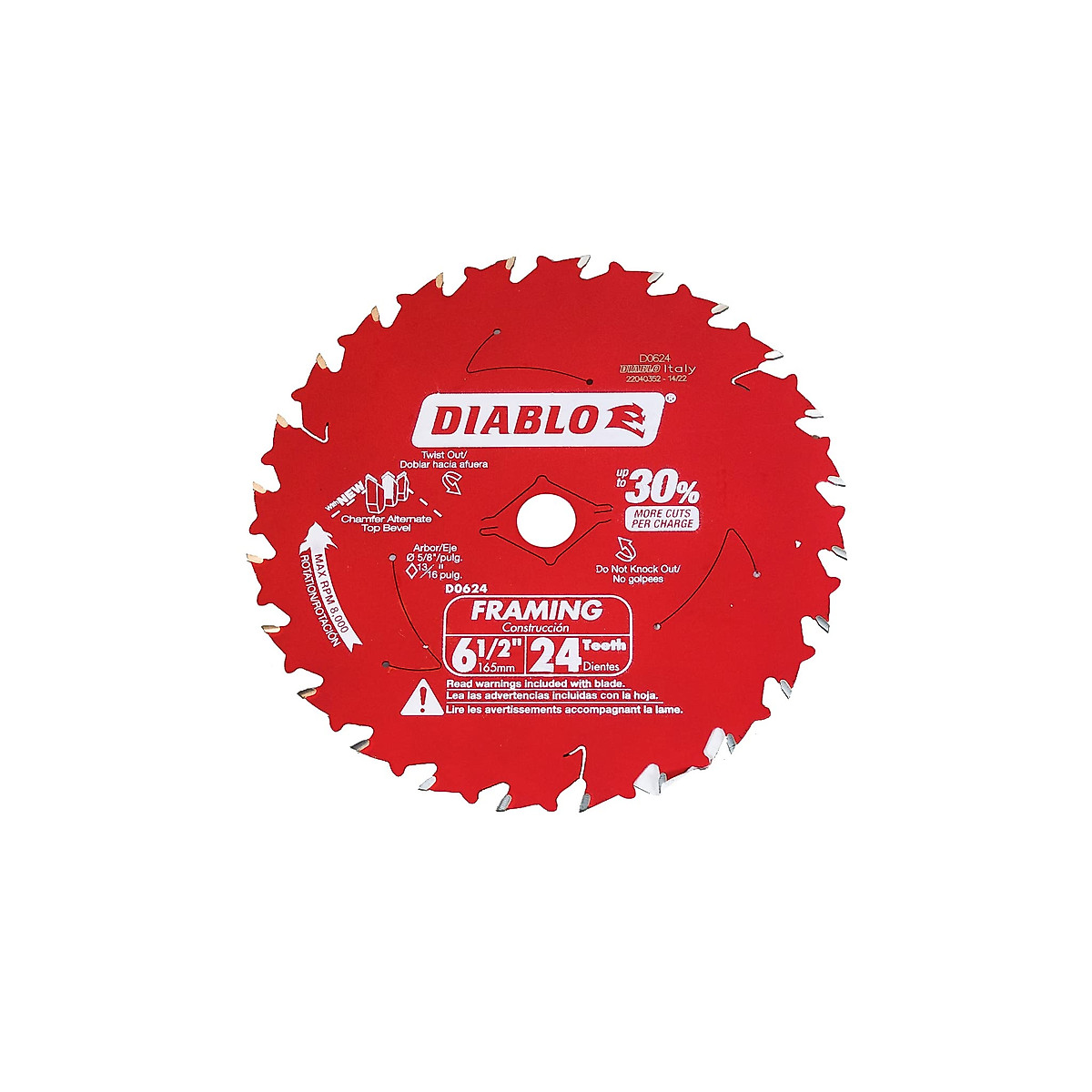 Freud D0624A 6‑1/2 in. x 24‑Tooth Tracking Point Wood Framing Saw Blade, Carbide
