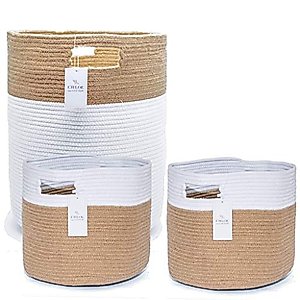 Chloe and Cotton Woven Coiled Rope Storage Baskets XL 19 x 16 inch and Set of 2 Cubby Baskets Jute White Handles | Decorative Laundry Clothes Hamper, Blanket, Towel, Baby Nursery Bin Cute Organizer