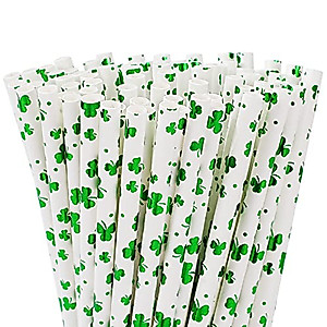 Whaline 200Pcs St. Patrick's Day Paper Straws Foil Green Shamrocks Disposable Straws Clover Print White Drinking Straws Irish Holiday Decorative Straws for Beverages Cocktail Birthday Party Supplies