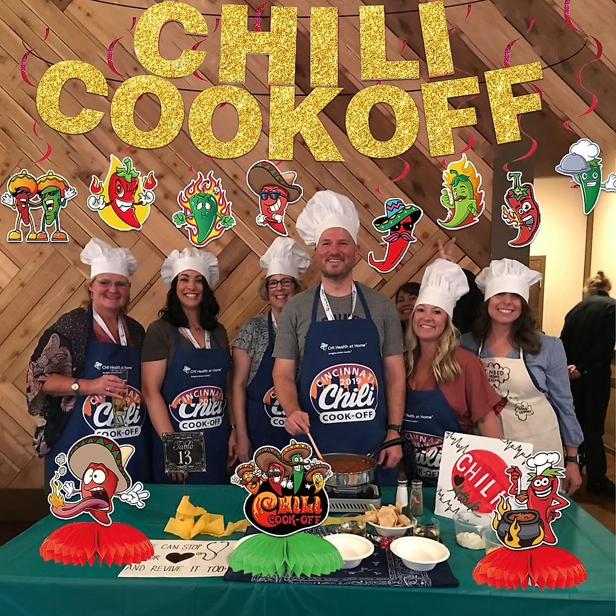 Chili Cook Off Decorations, 1 Pc Chili Cook Off Banner 8 Pcs Chili Hanging Swirls 3 Pcs Honeycomb Centerpiece for Chili Contest Tasting Competition, Chili Party Banners Chili Festival Party Supplies
