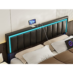 IKIFLY King Size LED Headboard with 2 USB Ports, Adjustable Height - Modern Faux Leather Headboard with Changing LED Lights - Easy Assembly, Upholstered King Headboard Only for Bedroom - Black