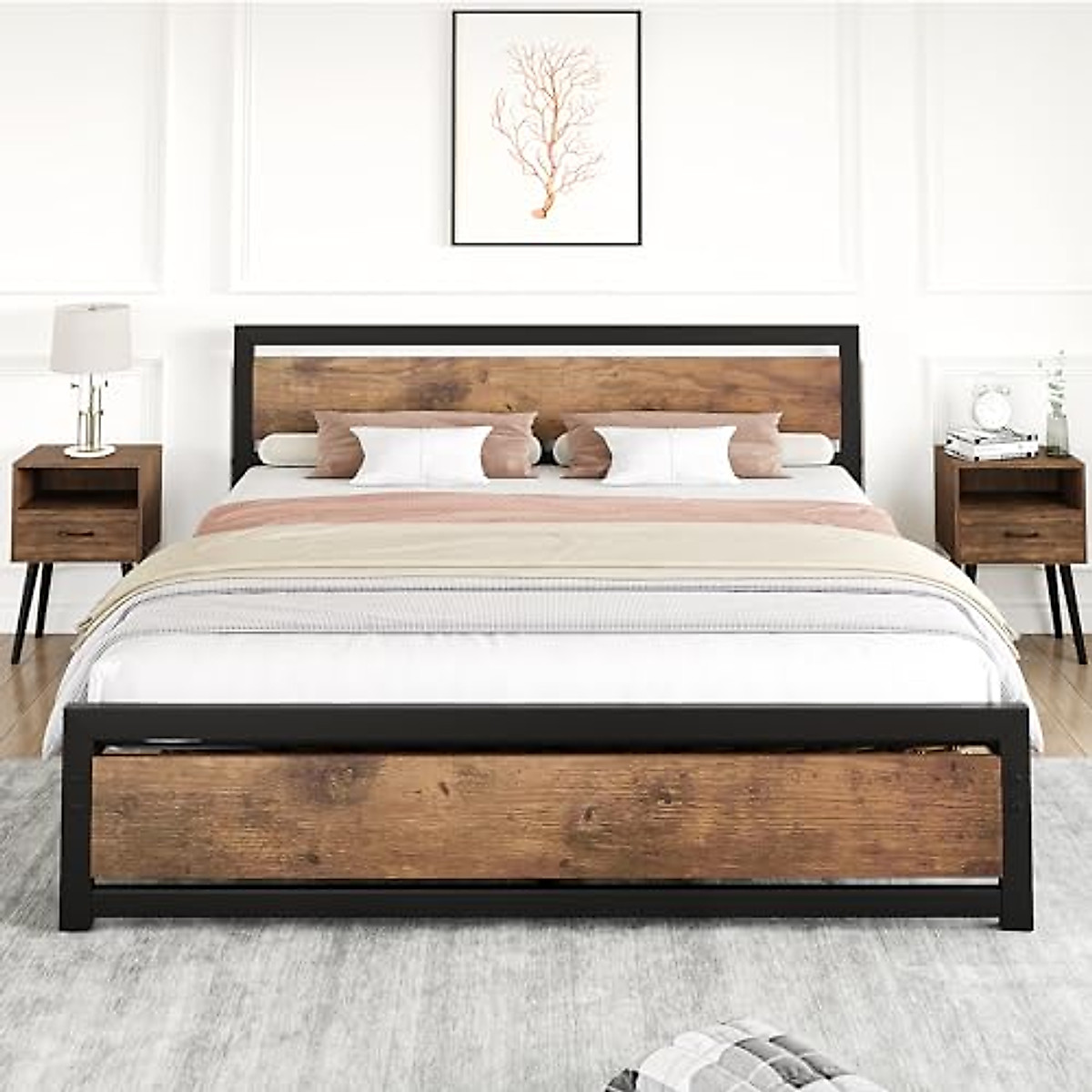 GAOMON Queen Size Bed Frame Platform with Headboard, Industrial Queen Bed Platform Frame with Heavy Duty Steel Slat, No Box Spring Needed Easy to Assemble 14 inch Wooden Bedframe - Queen