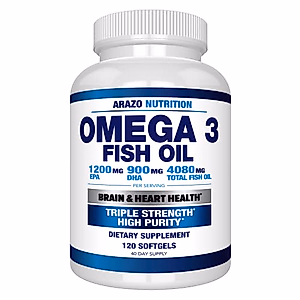 Arazo Nutrition Omega 3 Fish Oil 4,080mg - High EPA 1200mg + DHA 900mg Triple Strength Burpless Softgels (120 Soft Gels)