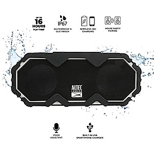 Altec Lansing Mini LifeJacket Jolt Bluetooth Speaker with Qi, Wireless, Waterproof, Portable, Speakers, Loud Volume, Strong Bass, Rich Stereo System, Microphone, 16 Hour Battery, 100 ft Range, Gray