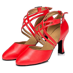 TDA Women's Round Toe Ankle Wrap Buckle Red Leather Salsa Tango Ballroom Latin Modern Dance Wedding Shoes 4 M US