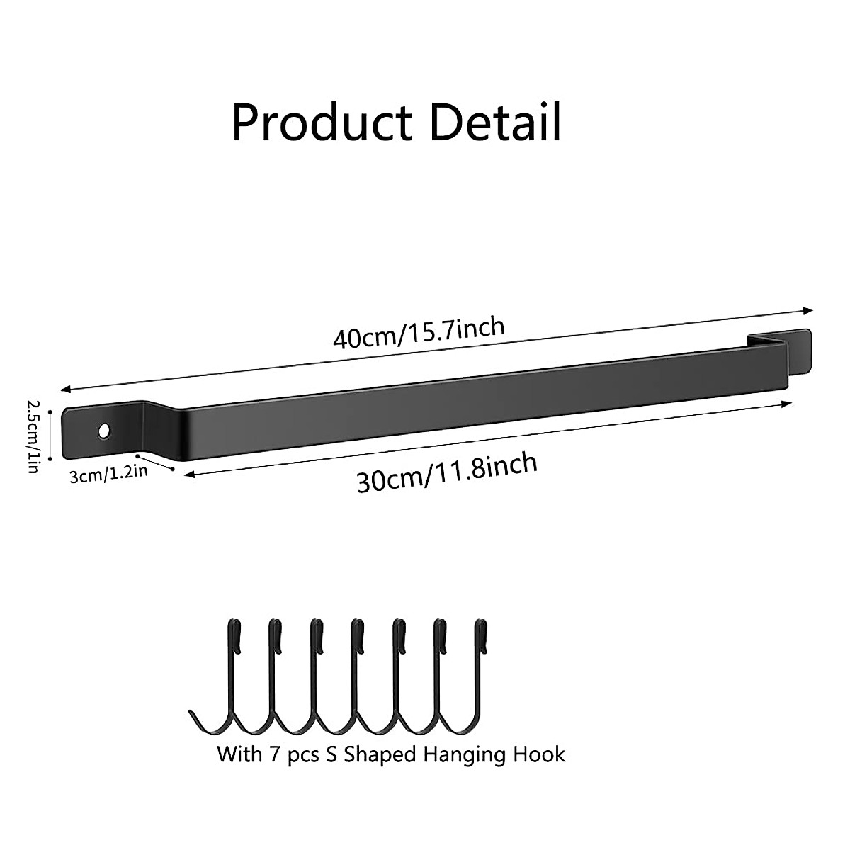 SmartHom Kitchen Rail Utensil Rack with 7 Hooks, Black Hanging Utensils Holder for Pots and Pans, Kitchen Utensils Hanger 15.7 * 2.5 INCH