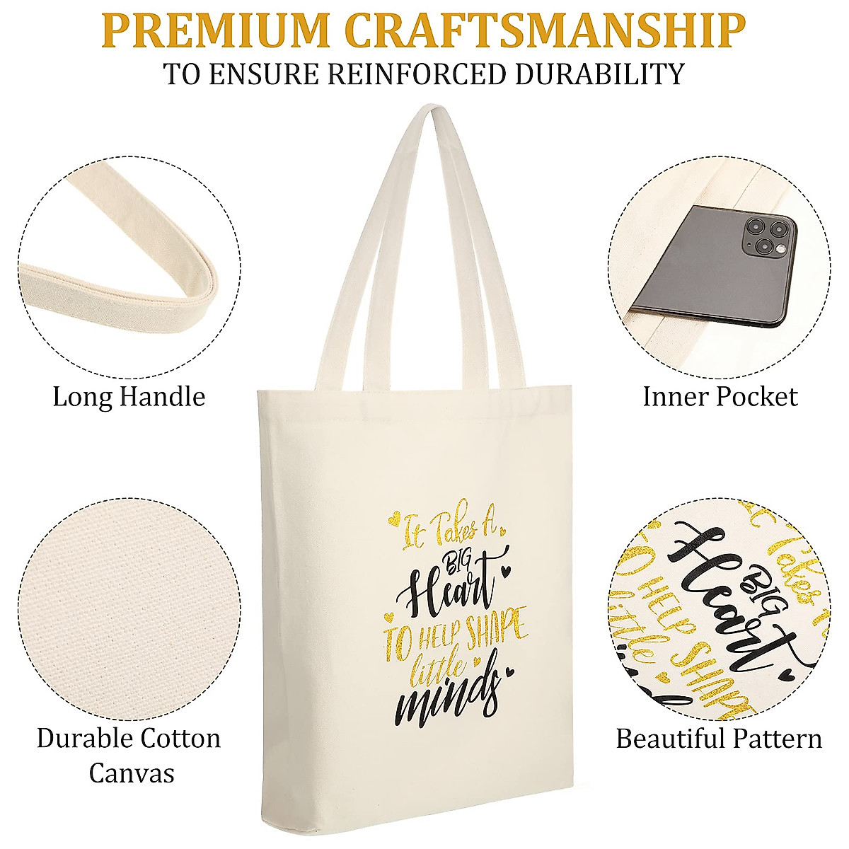 Xuniea 6 Pcs Teacher Appreciation Gifts for Women Graduation Tote Canvas Shopping Bags with Pocket (Simple Style)