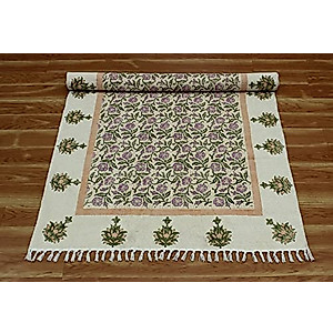 Casavani Hand Block Printed Cotton Dhurrie Floral Green & Pink Tassel Rug Easy Care Washable Rugs for Doormat Entryway Living Room Bedroom Hallway Balcony 9x9 Feet Square