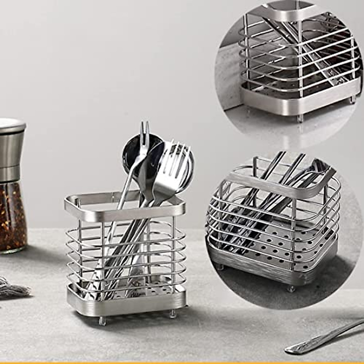 ANHORTS Kitchen Utensil Holder, Stainless Steel Sink Utensil Holder Countertop, Kitchen Utensil Drying Caddy, Cutlery Drainer for Kitchen Utensil, Rust-Proof Cutlery Utensil Organizer (silver)