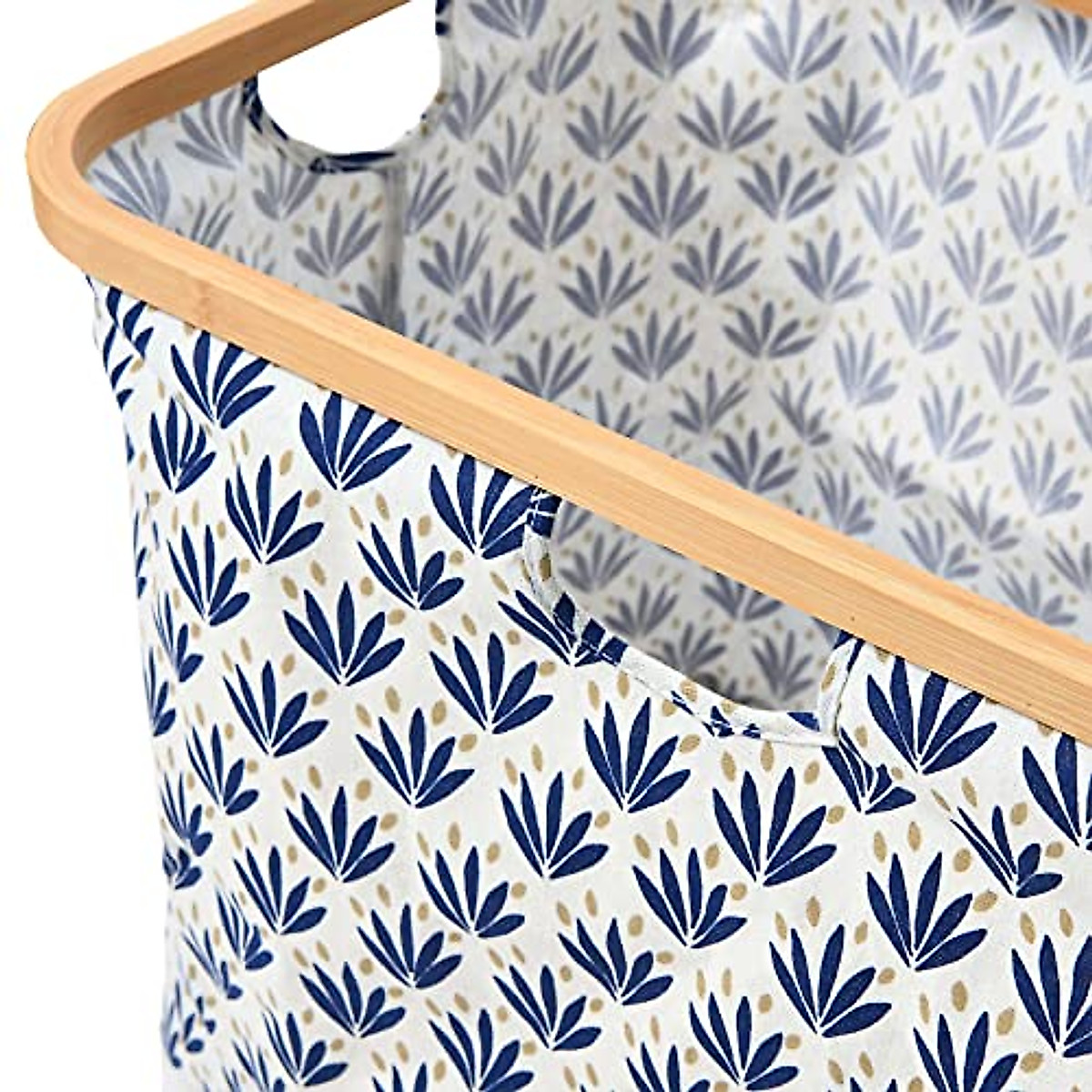 Household Essentials Bamboo Rimmed Krush Basket with Cutout Handles, Blue Cacti