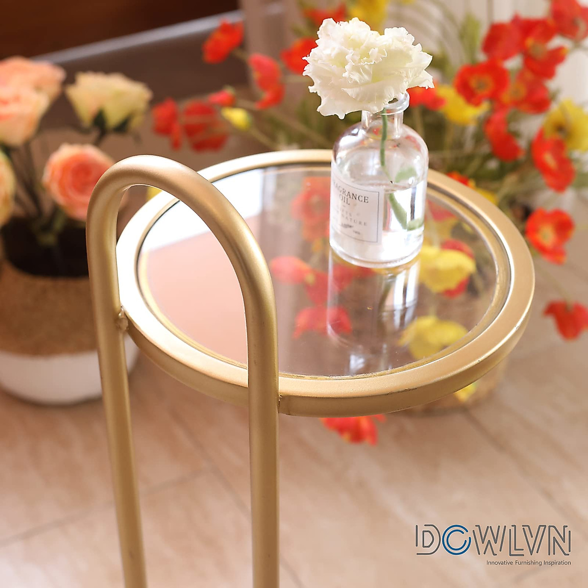 Gold Glass Small Drink Snack Accent Martini Table, C Shaped Side End Table, No-Assembly, 10" D x 28.5" H