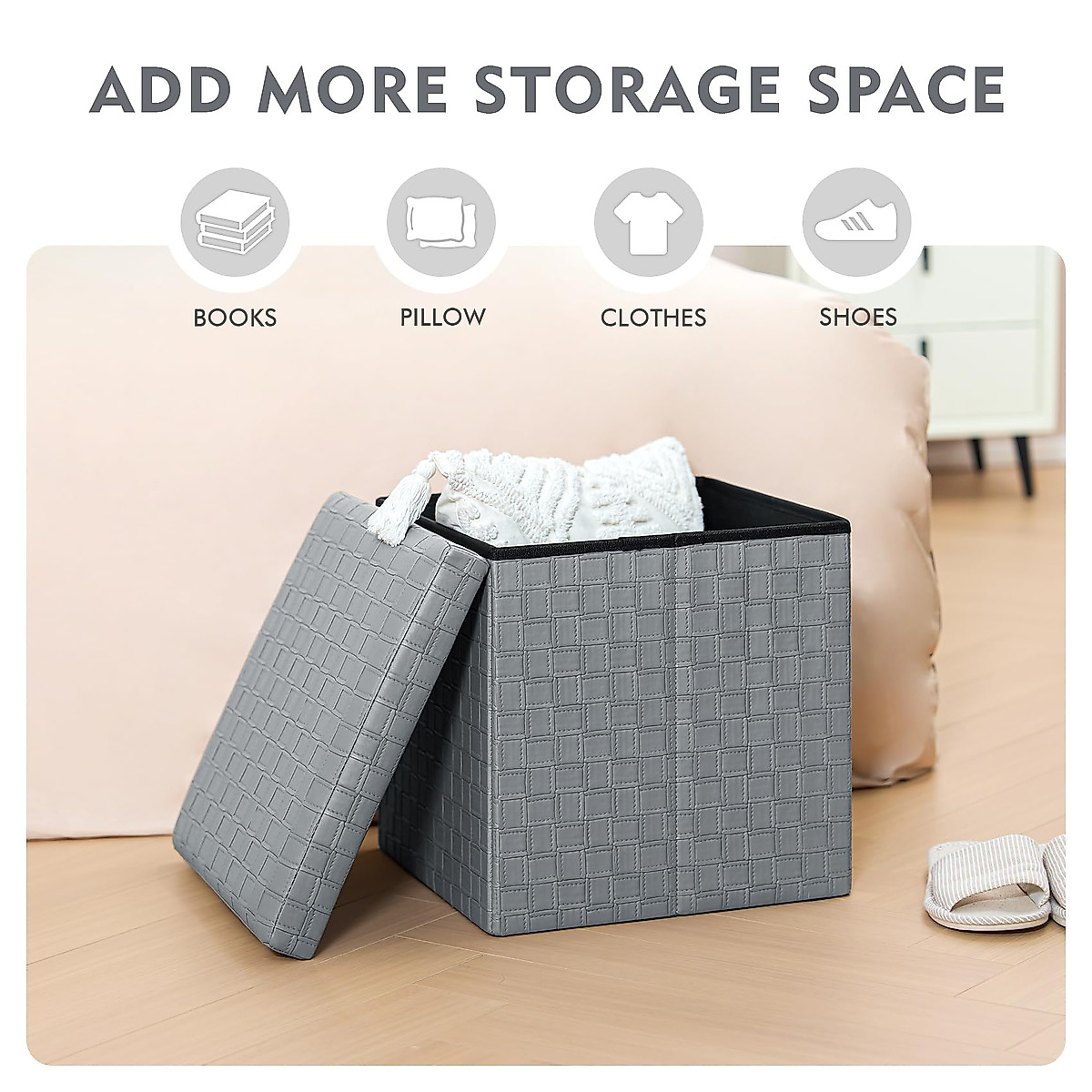 B FSOBEIIALEO Storage Ottoman, Faux Leather Footrest Seat, Ottoman with Storage Cube Toy Box Chest, 15"x15"x15" (Grey, Medium)