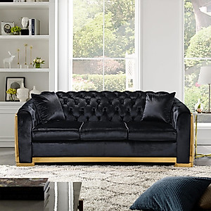 Anwick Velvet Chesterfield Sofa Classic 3 Seater Couch Modern Upholstered Sofa with Tufted Back and Two Pillows for Living Room Office (Black)