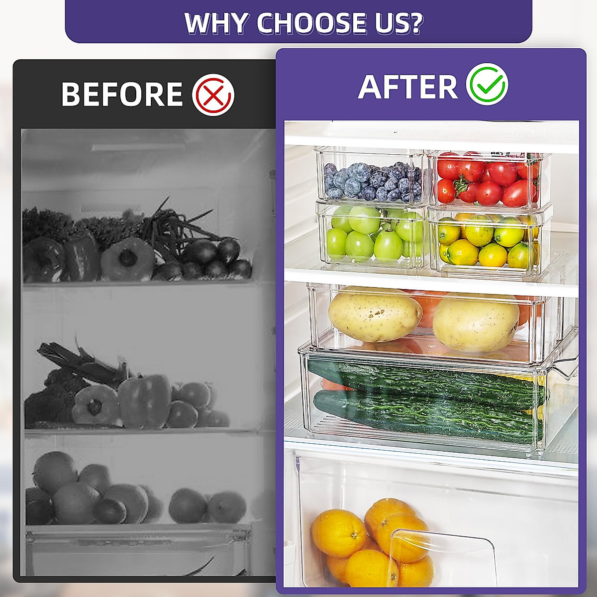 Obsoorth 7 Pack Stackable Fridge Organizer Bins with Lids KitchenClear Acrylic Kitchen Refrigerator Organizers and Storage, Dripping Hole Design to Keep Food Fruit Vegetable Fresh for Freezer, Pantry