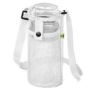 Water Bottle Bag with Strap, Mesh Water Bottle Holder Crossbody Water Bottle Sling Bag Adjustable Shoulder Strap and Pocket - Lightweight Water Bottle Carrier for Walking Sports Hiking Camping (White)