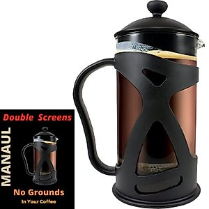 Coffee Maker French Press:by SterlingPro [Double Filter - the Purest home-brewed coffee/tea] Gift 2 Free Bonus Screens [Premium Stainless Steel] [Thick Heat-resistant Glass Pot (34 oz, mirror)