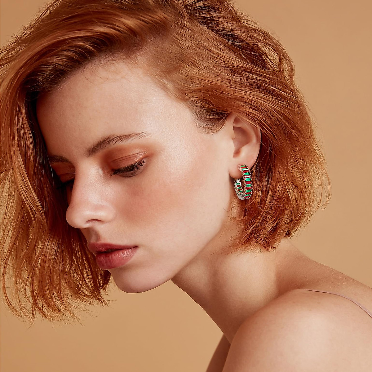 GLOQUAT Red and Green Hoop Earrings 14K White Gold Plated Red and Gold Hoops for Women 925 Silver Post Colorful CZ Gold Round Circle Hoops for Women Trendy Jewelry 25mm