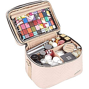 BELALIFE Double Layer Makeup Bag for Travel, Portable Cosmetic Organizer for Brushes Sets, Large Toiletry Holder with Straps, Pink