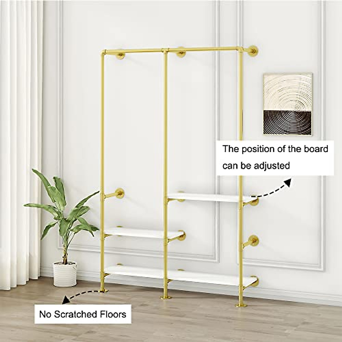 HEONITURE Gold Clothing Rack with 3-Tier Shelves, Multi-Purpose Heavy Duty Industrial Pipe Clothes Rack, Wall Mounted Garment Hanging Rods for Closet and Bedroom (Gold)