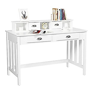 Yaheetech Writing Computer Desk Home Office Desk with Drawers and Hutch, 47 In Wood Frame Secretary Desk for Home Office with Large Desktop, Modern Workstation with Removable Floating Organizer, White