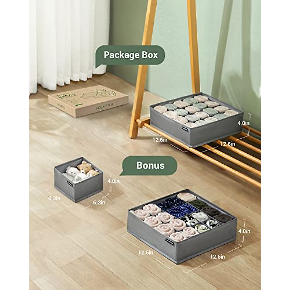 HogarTech Sock Orgainzer for Drawer, Durable Oxford Cloth, Removable Base Board, Sturdy Construction with Double Zippers, Dresser Organizer for Sock, 3 Pack, Grey