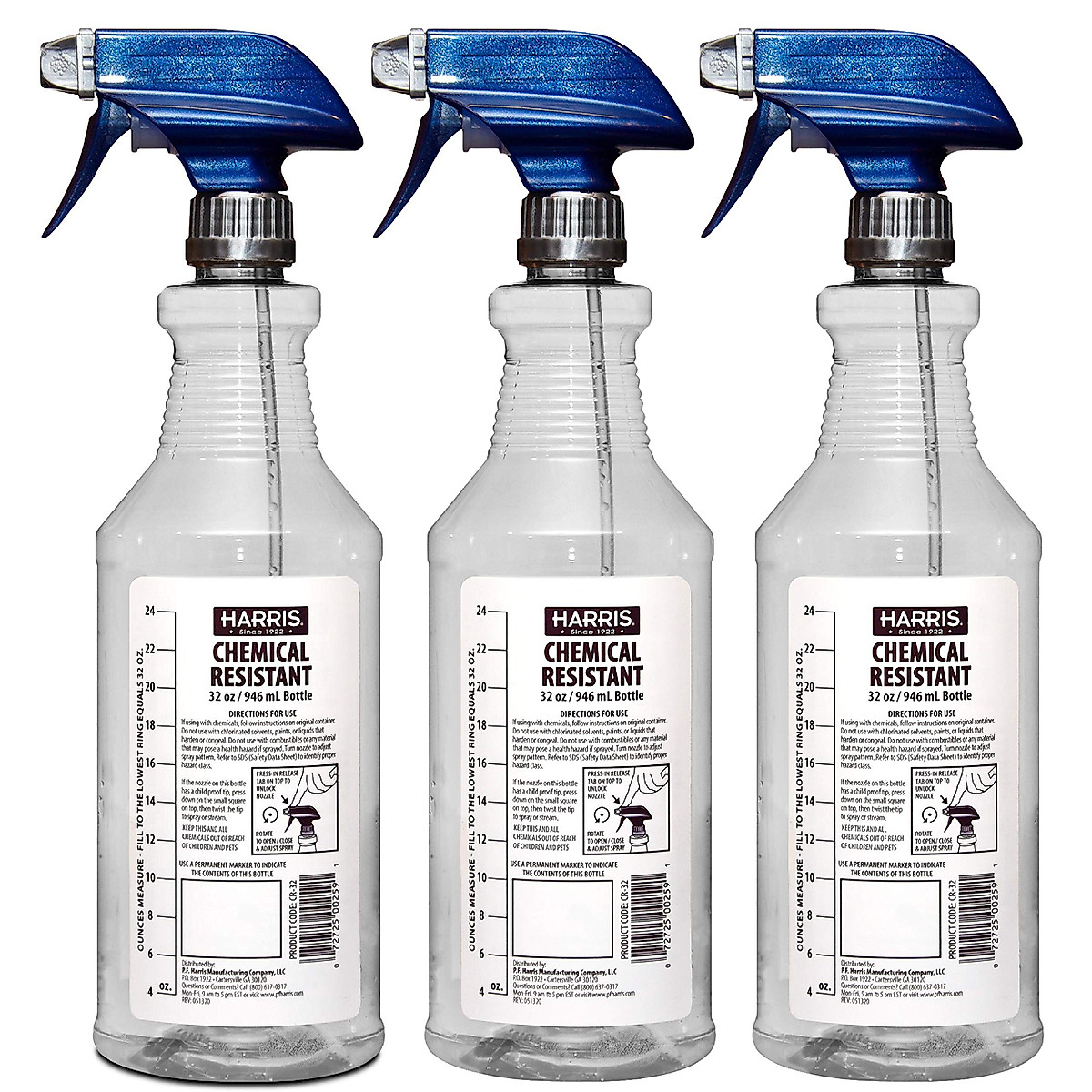 HARRIS Chemically Resistant Professional Empty Spray Bottles, 32oz (3-Pack), for Cleaning Solutions and Water