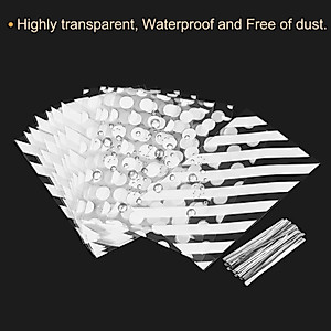 uxcell 200 Pcs Clear Cello Bags, Clear Flat Stripe Snowflake Plastic Cello Treat Bags with Gold Twist Ties Gift Bags Cookie Bags for Christmas Snacks Candy Cookie Gifts, White/Silver