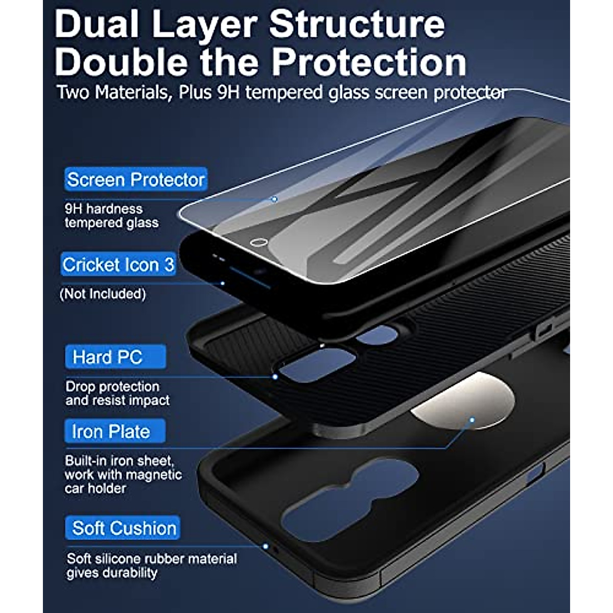 Dahkoiz Cricket Icon 3 Case, At&t Motivate 2, Cricket Splendor Phone Case with Screen Protector, Dust-Proof Port Cover, Magnetic Car Mount Support, Full Body Silicone Rubber Protection, Black