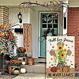 ORTIGIA Fall for Jesus Pumpkin Garden Flag He Never Leaves Christian Cross with Sunflowers Flag Vertical Double Sided Autumn Thanksgiving Harvest Farmhouse Seasonal Holiday Yard Décor 12x18inch