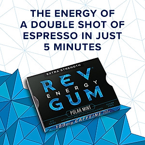 Rev Gum Caffeine Energy Gum | Extra Strength 100mg of Caffeine per Gem | Polar Mint Sugar Free Caffeine Gum - Low Calorie Chews to Help You Stay Alert, Awake and Focused - Mint Chewing Gum - 12 Packs
