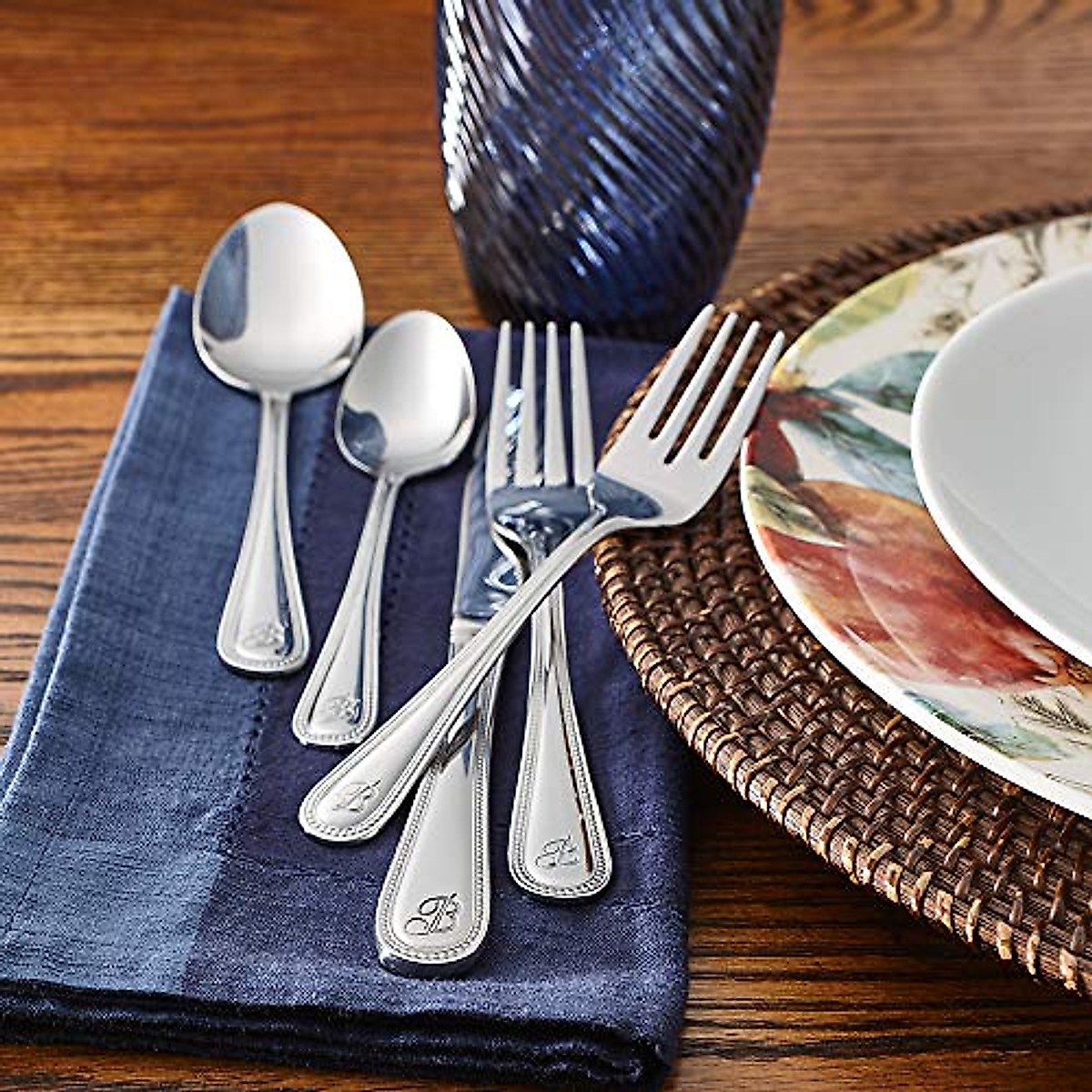RiverRidge 10-162 Beaded 46 Piece Monogrammed Flatware Set, Letter R, No size, Silver