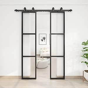 JUBEST 36 x 84 Inch Double Barn Door with 6FT Hardware Kit and Soft Close Mechanism Include, 2 Sets of 18in x 84in 3-Paneled Frosted Glass with Carbon Steel Frame Barn Door, Easy to Install