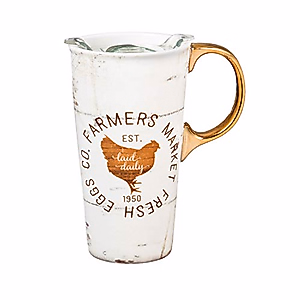 Cypress Home Farmhouse Chic Travel Mug - Farmers Market Ceramic Travel Cup - 5 x 7 x 4 Inches Insulated Coffee Tea Travel Cup