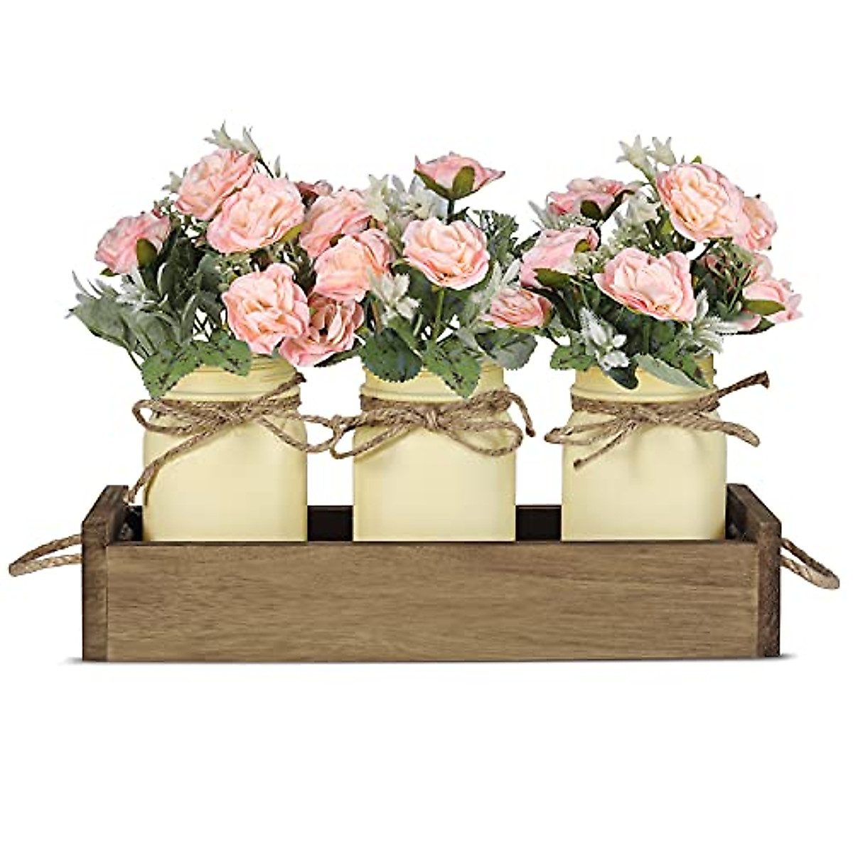 Floral Arrangements Artificial Centerpieces, Centerpieces for Dining Room Table, Mason Jar Decorative Wood Tray with Fake Rose Bouquet Flowers Farmhouse Decor for Living Room Kitchen Table - Pink